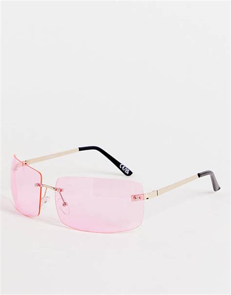 Asos Design 90s Oversized Rimless Wrap Sunglasses In Pink Asos