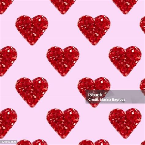 분홍색 배경에 빨간 하트와 원활한 패턴 구슬로 만든 빛나는 마음 발렌타인 데이 컨셉 개념에 대한 스톡 사진 및 기타 이미지