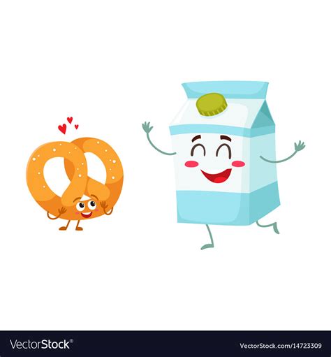 Hot Crispy German Pretzel And Milk Box Characters Vector Image