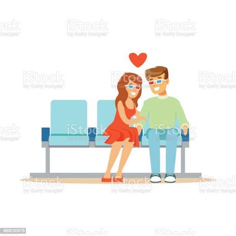 3d 안경 다채로운 문자 벡터 일러스트 레이 션에에서 영화관에 앉아 사랑에 젊은 아름 다운 부부 개념에 대한 스톡 벡터 아트 및