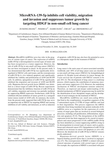 Pdf Microrna‑139‑5p Inhibits Cell Viability Migration And Invasion
