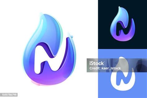 순수한 물방울 N 문자 로고 친환경 3d 사실적인 아이콘입니다 겹치는 수채화 스타일의 거친 물결 이니셜 바다에 대한 스톡 벡터