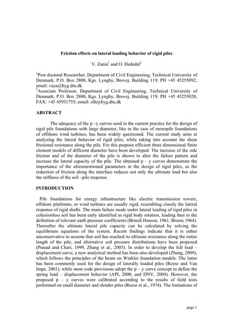 Pdf Friction Effects On Lateral Loading Behavior Of Rigid Piles