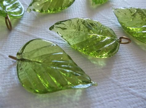 Olive Green Glass Leaf Charms Beads Leaves With Brass Loops