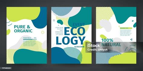 추상적 인 녹색 색상 기하학적 형태를 배경으로 현대 생태 커버의 템플릿 디자인 세트 오가닉 스타일 전단지 또는 브로셔용 레이아웃 액체 모양을 흐르는 추상적 인 배경 벡터