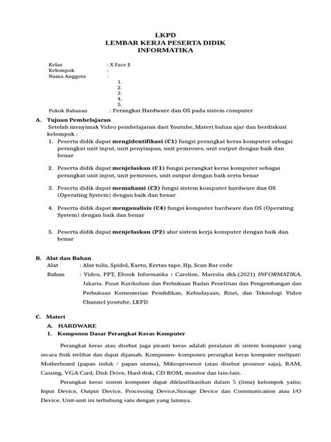 Lkpd Komponen Komputer X Pdf