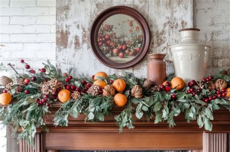 Festive Fireplace Mantle Decor With Oranges Berries And Greenery