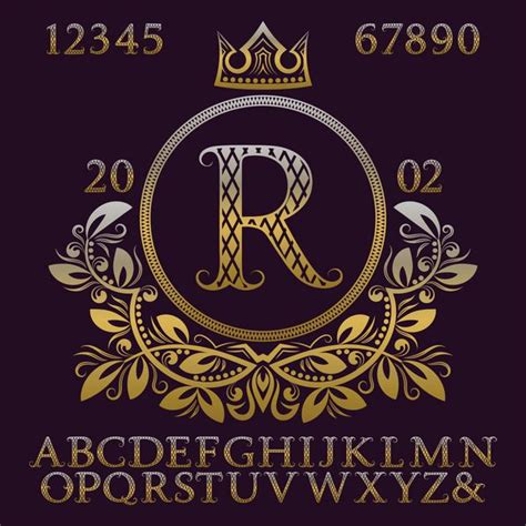حروف و اعداد طرح دار طلایی با مونوگرام اولیه به صورت نشان کیت فونت و عناصر زیبا برای طراحی لوگو