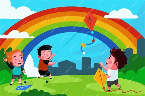 Дети играют в кайт | Премиум векторы