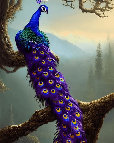 Hyper Detailed Realistic Purple Peacock On Branch With Misty Forest In