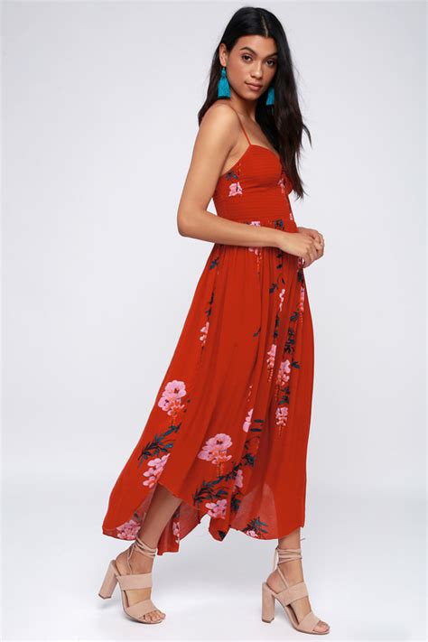 Free People Beau Red Floral Dress Smocked Maxi Dress Lulus