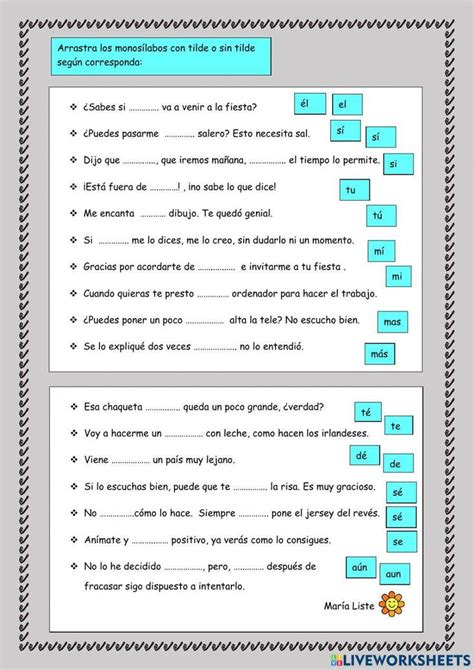 Tilde Diacrítica Ejemplos Y Ejercicios Worksheet Oraciones Bimembres