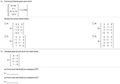 solved 18 find a such that the given set is col a 3r 2s