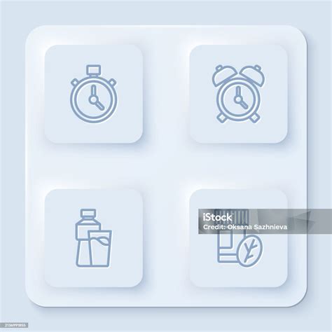 스톱워치 알람 시계 유리와 비타민 알약이 있는 물병을 설정합니다 흰색 사각형 버튼입니다 벡터 건강 진단에 대한 스톡 벡터 아트 및 기타 이미지 Istock