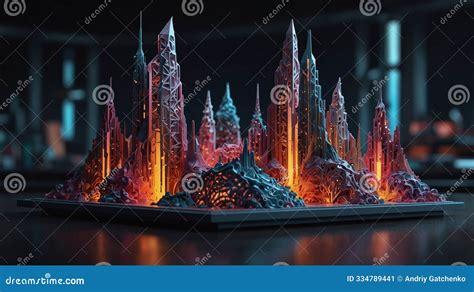 Detailed 3D Printed Model Of Futuristic Cityscape With Illuminated