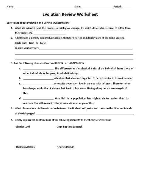 Evolution Unit Review Worksheet Name