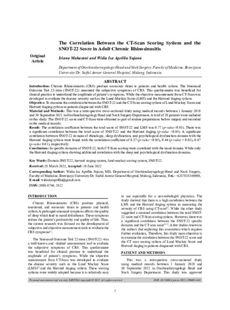Pdf The Correlation Between The Ct Scan Scoring System And The Snot