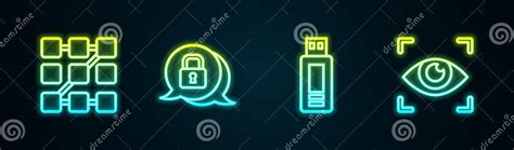 Set Line Graphic Password Protection Cyber Security Usb Flash Drive And Eye Scan Glowing Neon