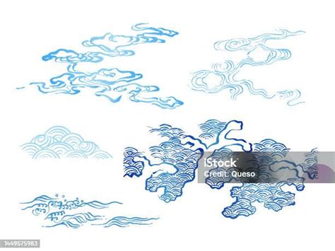 일본식 그림입니다 희미한 브러시 스트로크가 있는 파란색 파도 세트입니다 바다와 물이 튀는 것 전통적인 일본 웨이브 컬렉션 물과 여름 개념 에도 시대에 대한 스톡 벡터 아트