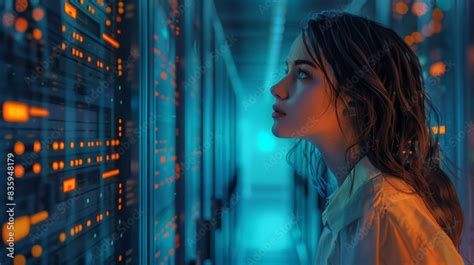 Young Woman Analyzing Server Data In A Futuristic Technology Environment Highlighting Modern