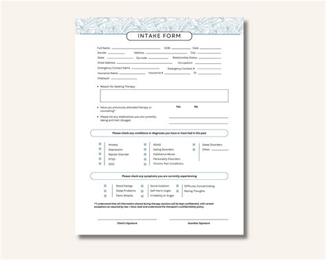 Counselling Intake Form Therapy Intake Psychotherapy Consent Mental
