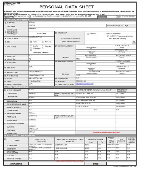 Cs Form 212 Pds Pdf Government Justice