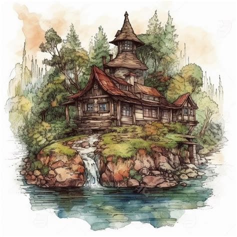 Pintura de acuarela de una casa antigua señorial Foto Premium