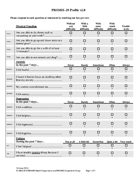 Promis 29 Escala De Valoración Promis Promis29 Profile V2 26 June
