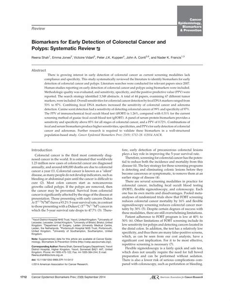PDF Biomarkers For Early Detection Of Colorectal Cancer And Polyps