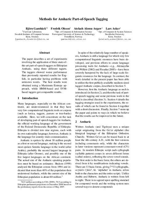 Pdf Methods For Amharic Part Of Speech Tagging