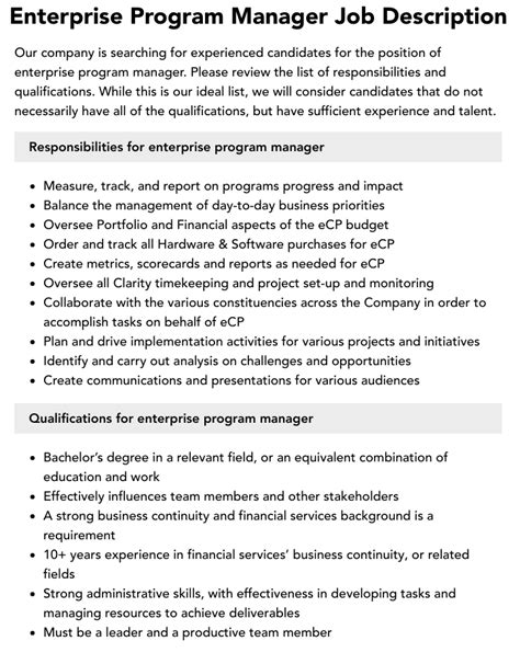 Enterprise Program Manager Job Description Velvetjobs