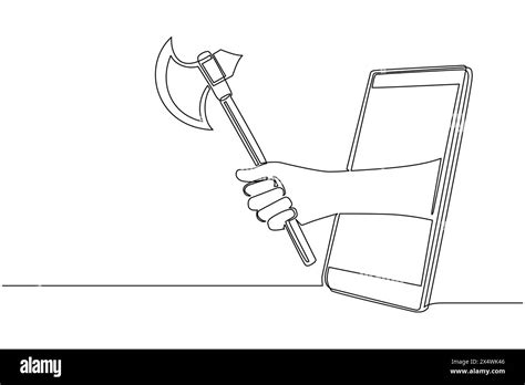 Continuous One Line Drawing Hand Holding Battle Axe Through Mobile