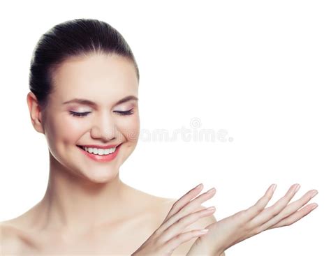 Young Smiling Woman Showing Empty Copy Space Stock Image Image Of