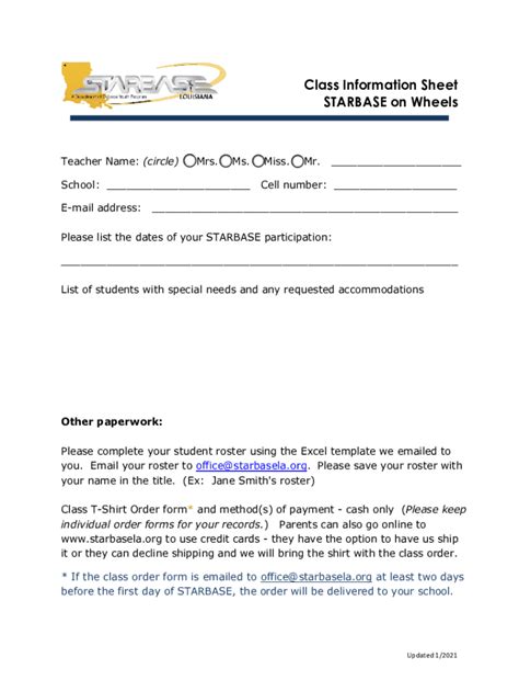 Fillable Online Class Information Sheet Starbase On Wheels Fax Email
