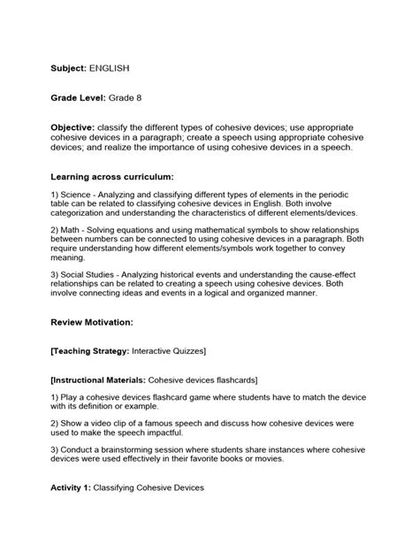 Lesson Plan In Emglish 8 Q2 Pdf Mathematics Rubric Academic