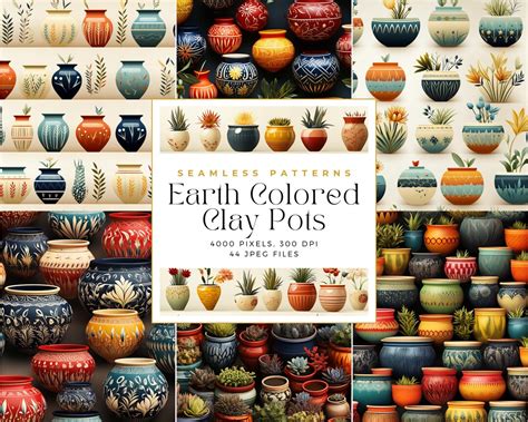 Earth Colored Clay Pots Seamless Pattern Digital Paper Clay Pots