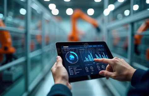 Engineer Monitors Industrial Automation Machine Data On Tablet Modern Control System For Smart