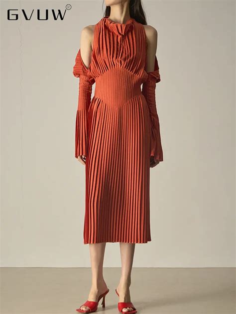 Gvuw 여성용 우아한 플리츠 드레스 넥 오프 숄더 하이 웨이스트 슬림 웨이스트 플레어 슬리브 중간 길이 파티 의류 17g0891 Aliexpress
