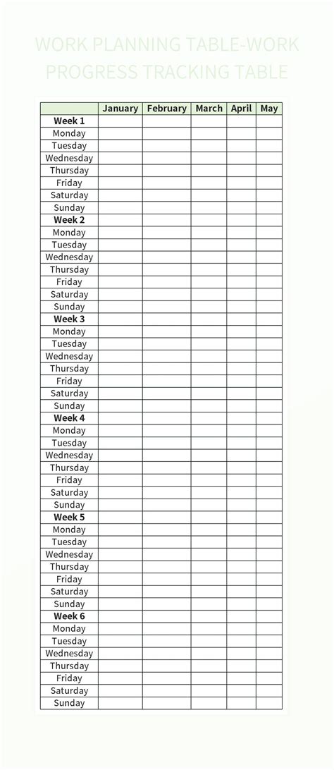 Work Planning Table Work Progress Tracking Table Excel Template And