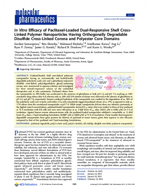 Pdf In Vitro Efficacy Of Paclitaxel Loaded Dual Responsive Shell