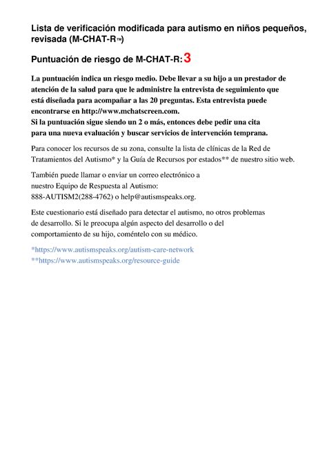 M CHAT R Lista de verificación Modificada para Autismo en niños