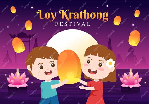 물 위에 떠 있는 Krathongs와 태국 템플릿 그림에서 Loy Krathong 축제 축하 프리미엄 벡터