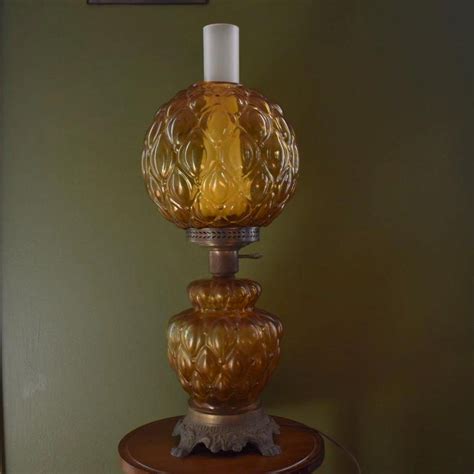 Vintage Amber Glass Globe Hurricane Lamp Mid Century Table Lamp With