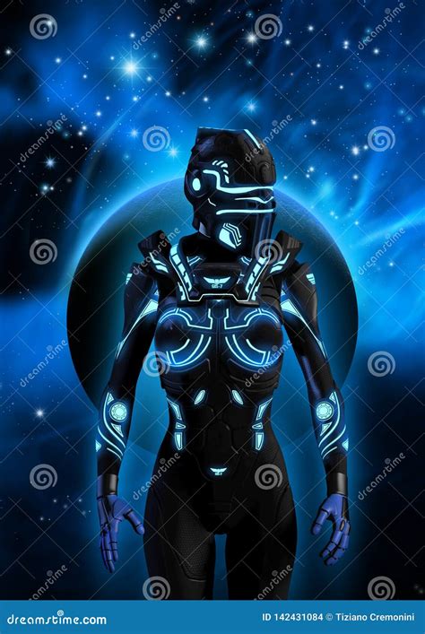 Alien Cyborg In A Dark Sky In The Background A Planet A Nebula And