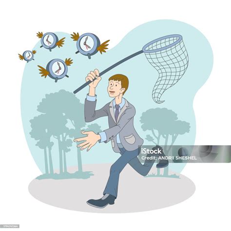 그물을 들고 달리고 시계를 잡는 남자 시간 조직 및 관리 개념 감독에 대한 스톡 벡터 아트 및 기타 이미지 감독 경영자 경제 Istock