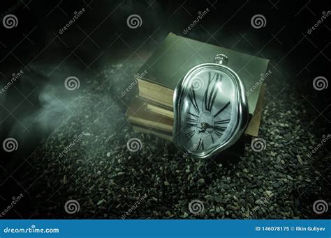 Distorted Soft Melting Clock On A Wooden Bench The Persistence Of
