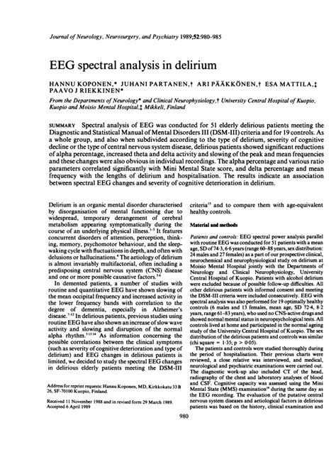 Pdf Eeg Spectral Analysis In Delirium
