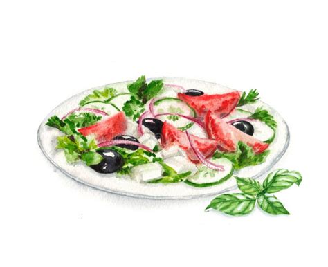 Hand Drawn Watercolor Illustration Of Greek Salad On The Plate Stock