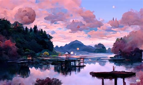 Anime Scenery Wallpaper Lake And Trees