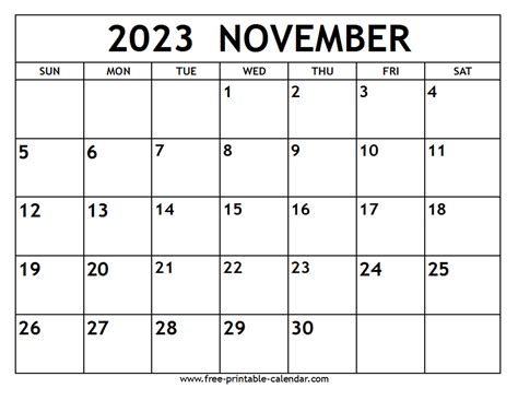 November 2023 Printable Calendar November 2023 Calendar Free